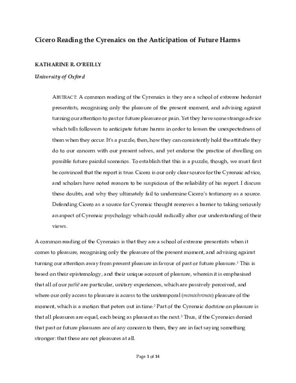 (PDF) Cicero Reading the Cyrenaics on the Anticipation of Future Harms