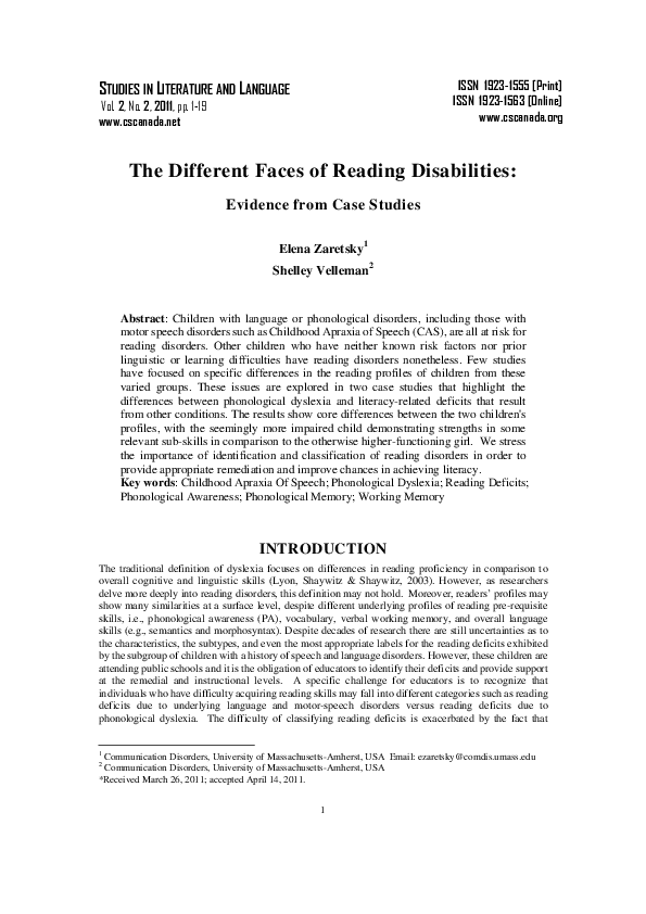(PDF) The Different Faces of Reading Disabilities: Evidence from Case ...