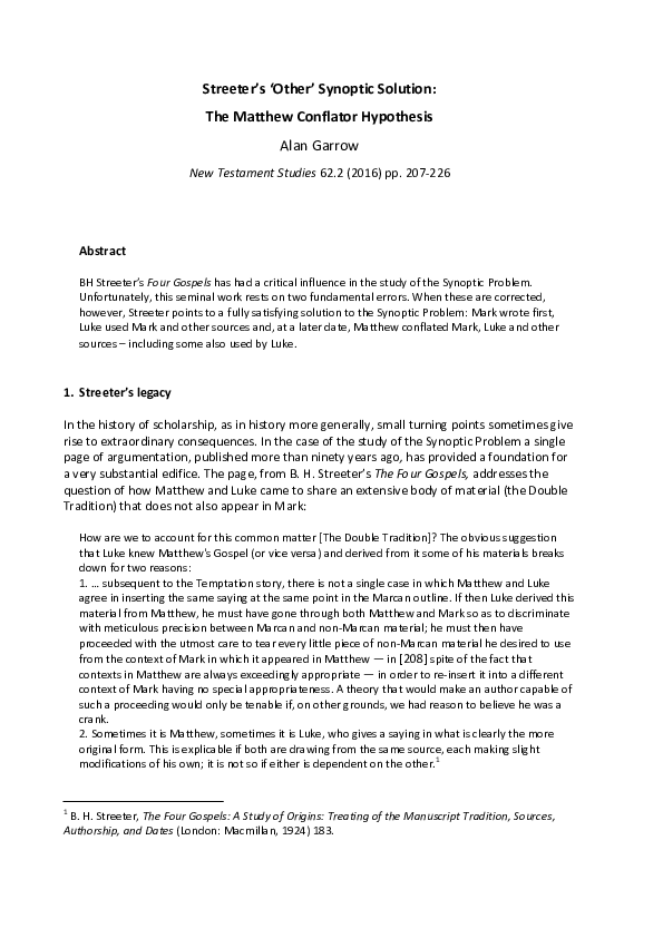 (PDF) Streeter's 'Other' Synoptic Solution: The Matthew Conflator ...