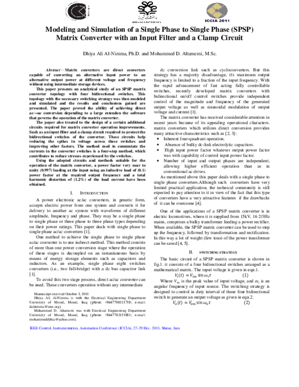 Pdf Modeling And Simulation Of A Single Phase To Single Phase Matrix Converter With An Input