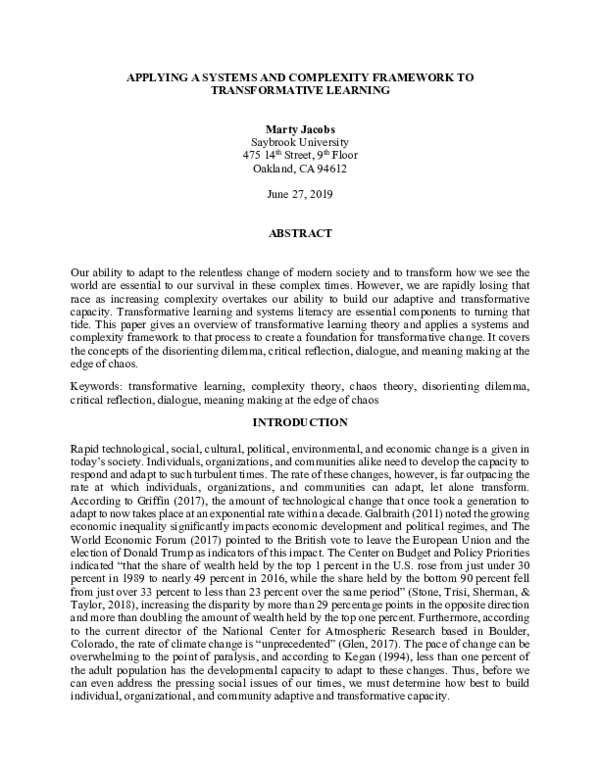(PDF) APPLYING A SYSTEMS AND COMPLEXITY FRAMEWORK TO TRANSFORMATIVE LEARNING
