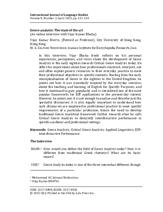 Pdf Genre Analysis The State Of The Art An Online Interview With