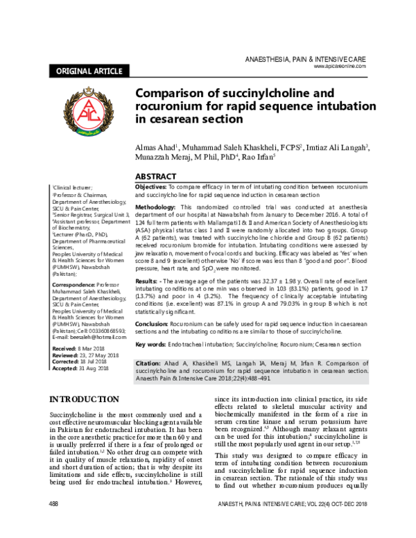 (PDF) Comparison of succinylcholine and rocuronium for rapid sequence ...