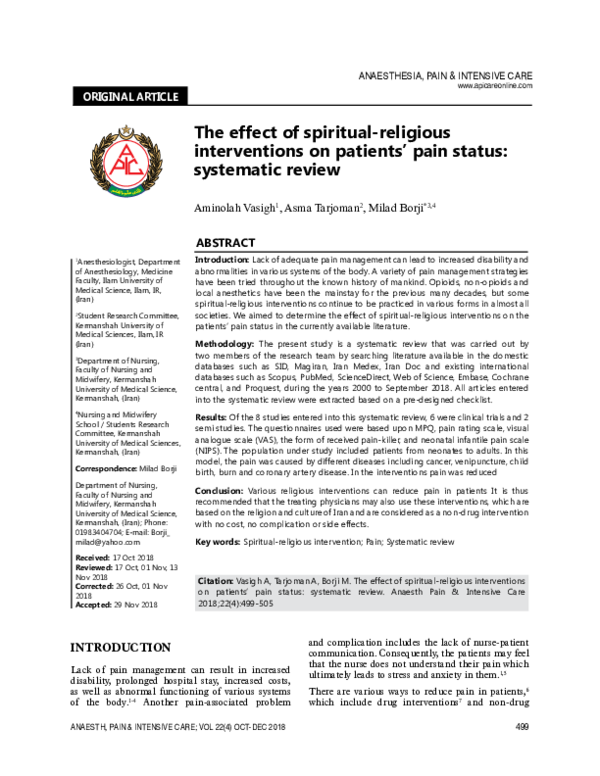 (PDF) The effect of spiritual-religious interventions on patients’ pain ...