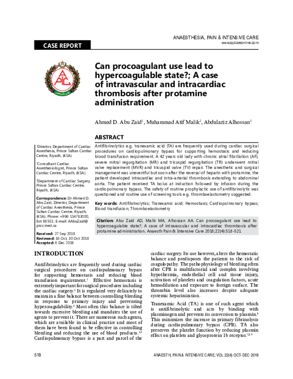 (PDF) Can procoagulant use lead to hypercoagulable state?; A case of ...