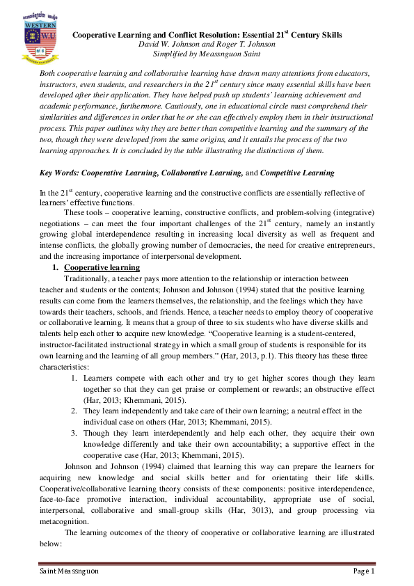 (PDF) Cooperative Learning and Conflict Resolution: Essential 21 st ...