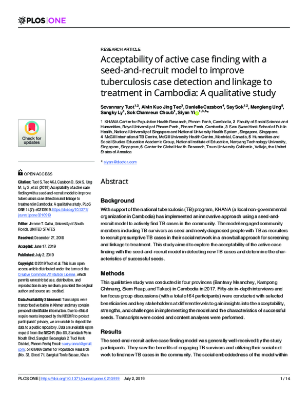 Pdf Acceptability Of Active Case Finding With A Seed And Recruit Model To Improve Tuberculosis