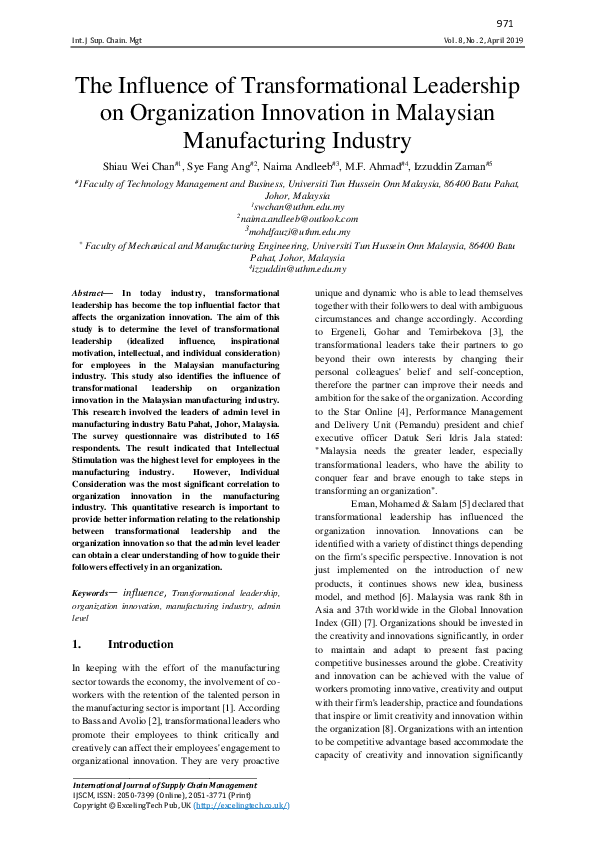 (PDF) The Influence of Transformational Leadership on Organization Innovation in Malaysian ...