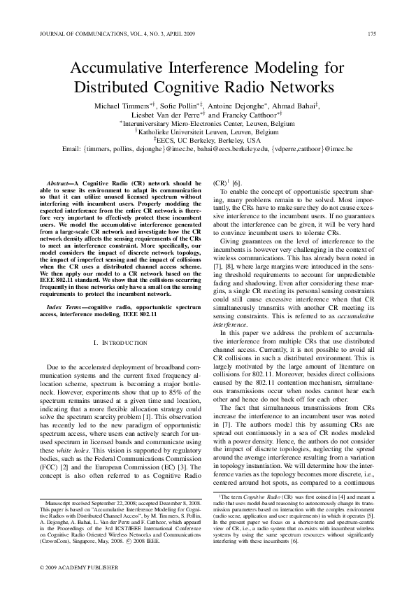 (PDF) Accumulative Interference Modeling for Distributed Cognitive Radio Networks