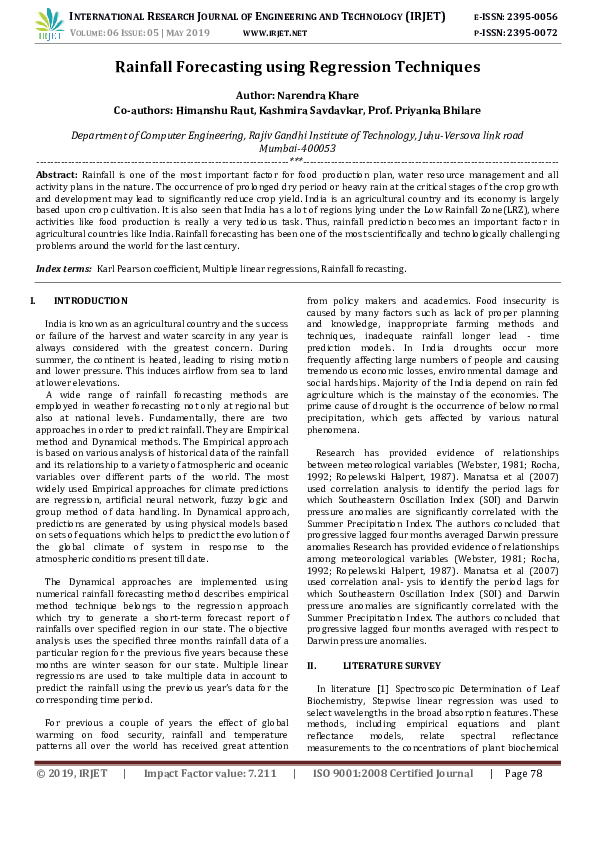 (PDF) IRJET-Rainfall Forecasting using Regression Techniques