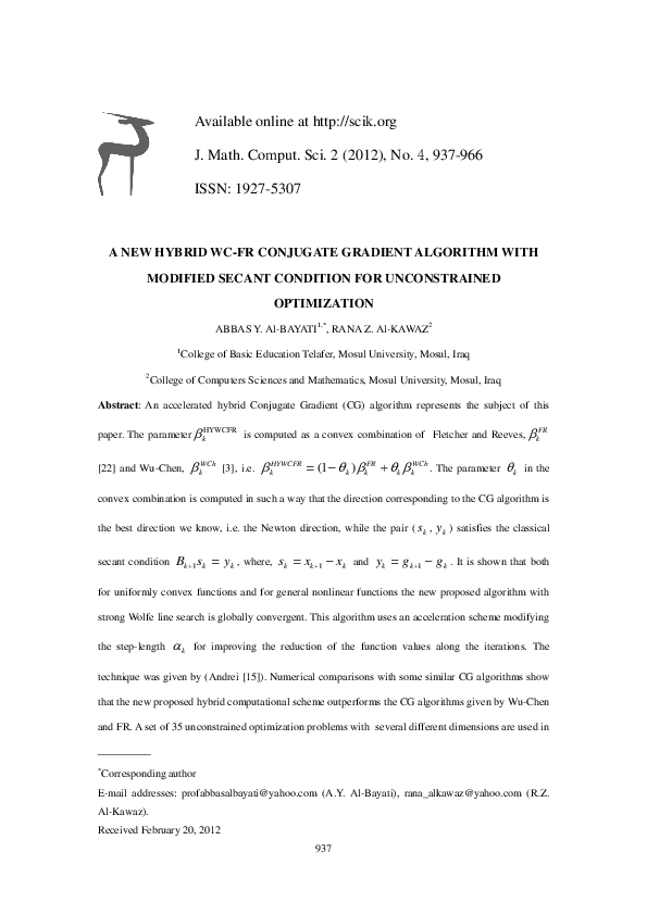 (PDF) A NEW HYBRID WC-FR CONJUGATE GRADIENT ALGORITHM WITH MODIFIED SECANT CONDITION FOR ...