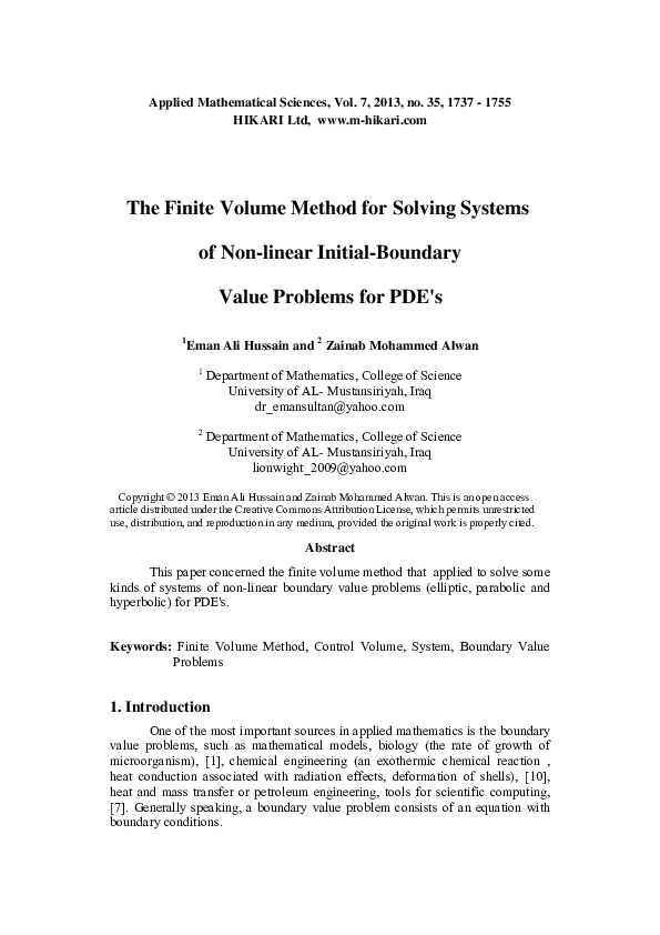 Pdf The Finite Volume Method For Solving Systems Of Non Linear Initial Boundary Value Problems