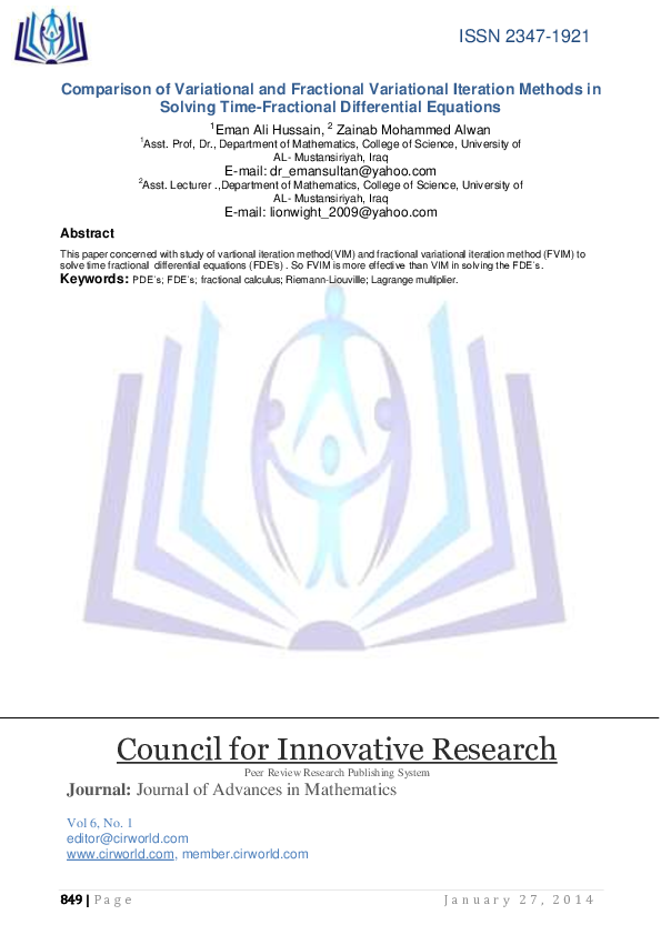 Pdf Comparison Of Variational And Fractional Variational Iteration Methods In Solving Time