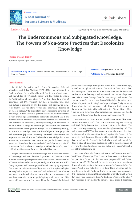 (PDF) The Undercommons and Subjugated Knowledge: The Powers of Non ...