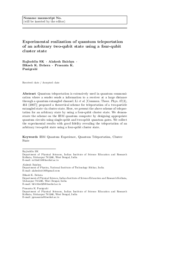 Pdf Experimental Realization Of Quantum Teleportation Of An Arbitrary Two Qubit State Using A