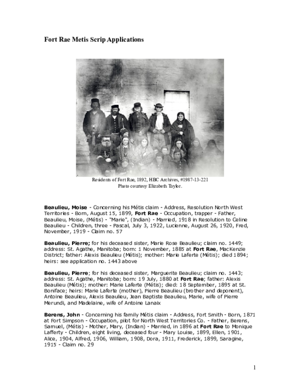 (DOC) Fort Rae Metis Scrip Applications