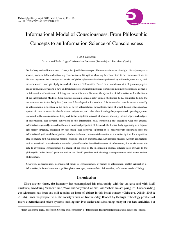 (PDF) Informational Model of Consciousness: From Philosophic Concepts ...