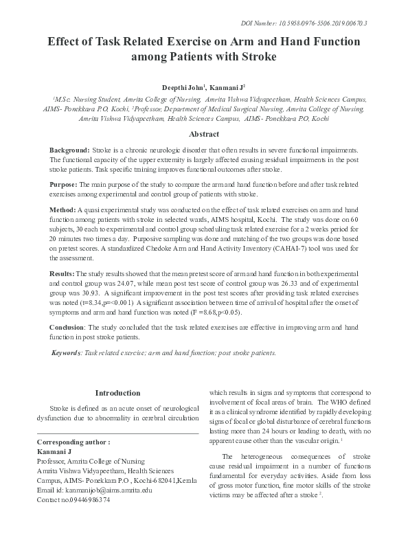 (PDF) Effect of Task Related Exercise on Arm and Hand Function among ...