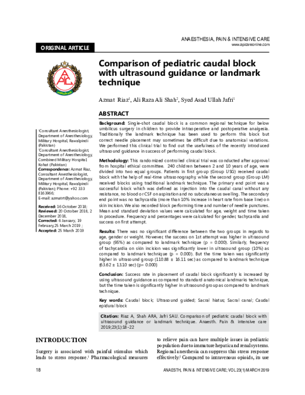 (PDF) Comparison of pediatric caudal block with ultrasound guidance or ...