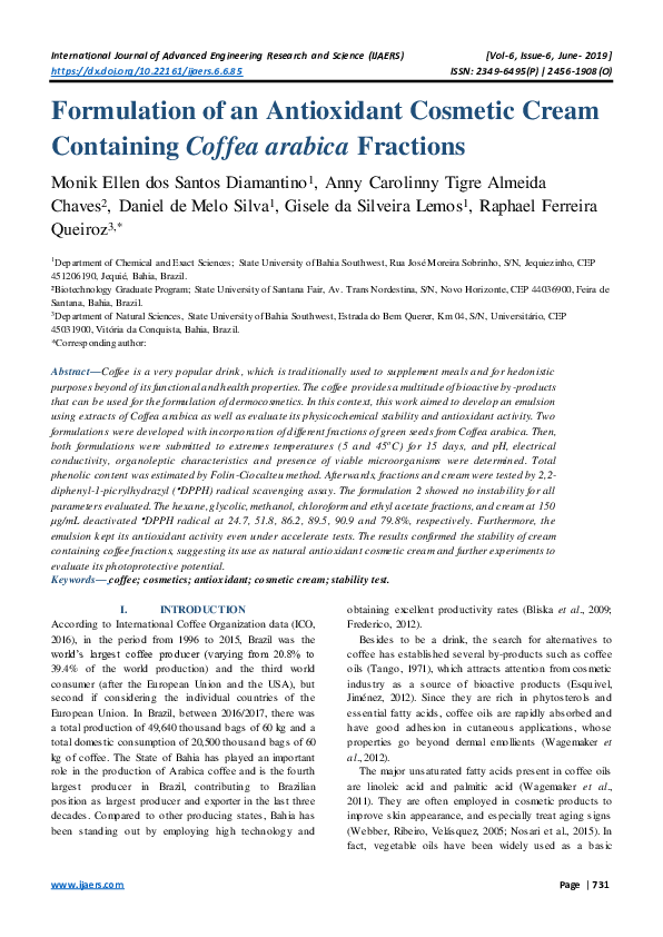 (PDF) Formulation of an Antioxidant Cosmetic Cream Containing Coffea ...