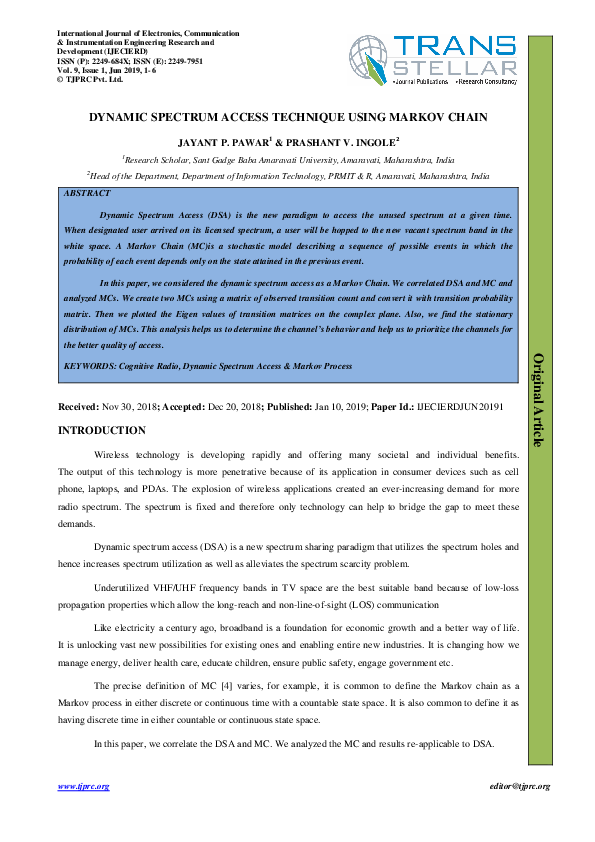 Pdf Dynamic Spectrum Access Technique Using Markov Chain