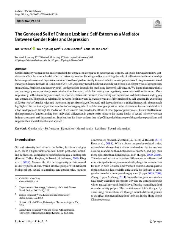 (PDF) Gender Roles, Self-Esteem, and Depression in Lesbians
