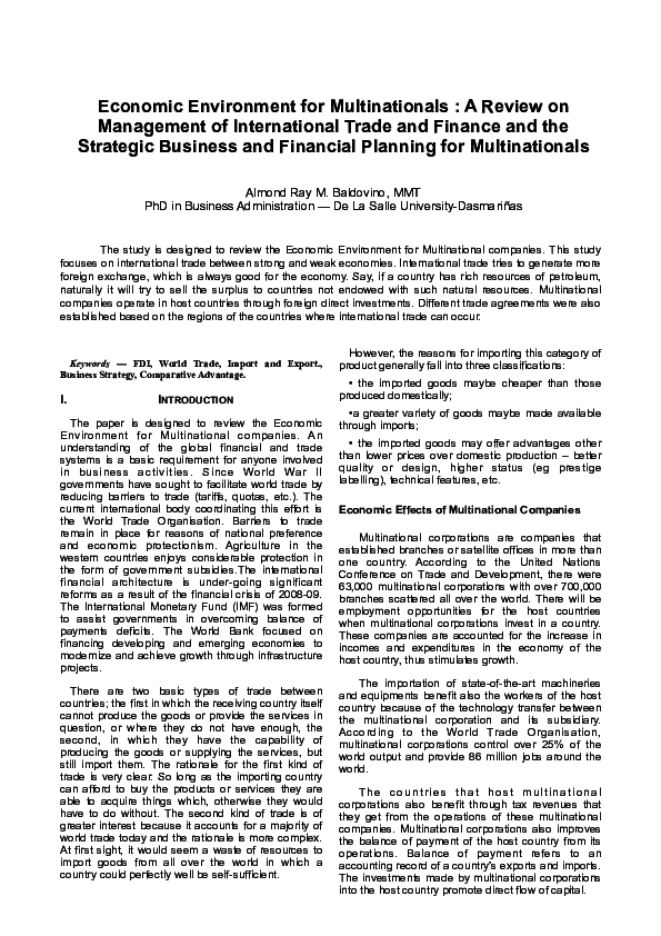 (PDF) Economic Environment for Multinationals : A Review on Management ...