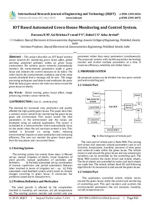 Pdf Irjet Iot Based Automated Green House Monitoring And Control System