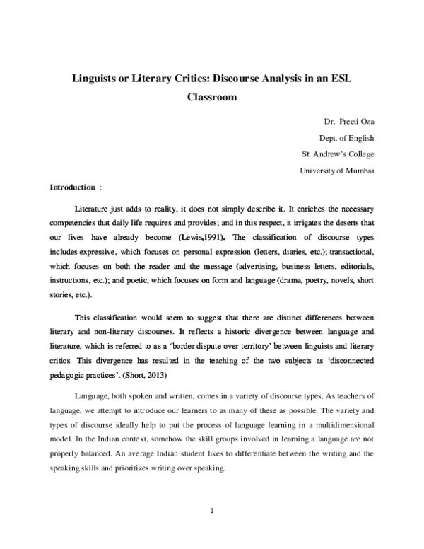 Pdf Linguists Or Literary Critics Discourse Analysis In An Esl Classroom