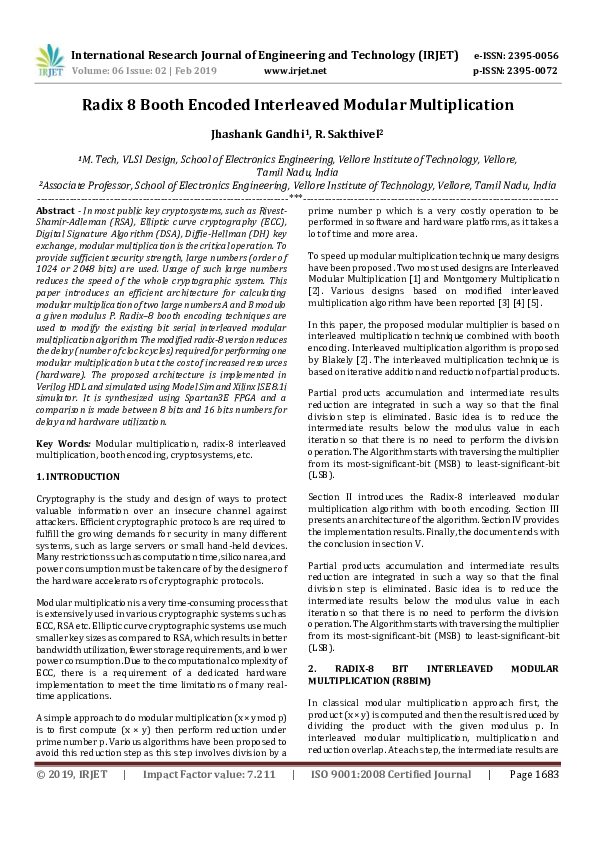 (PDF) IRJET- Radix 8 Booth Encoded Interleaved Modular Multiplication