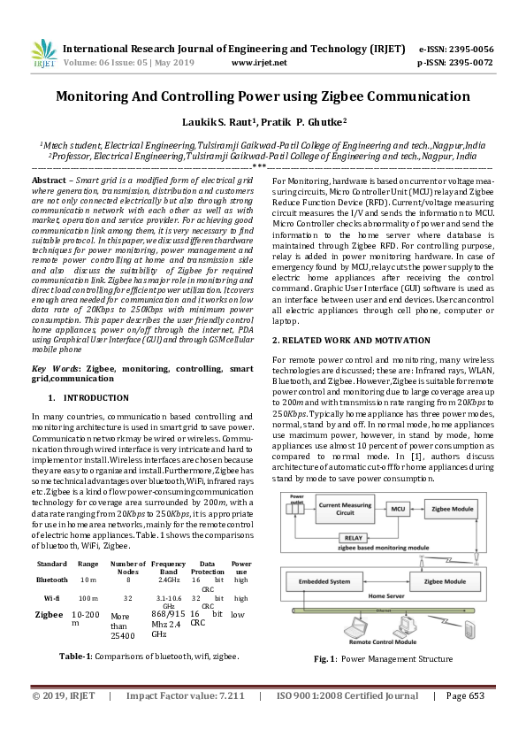 Pdf Irjet Monitoring And Controlling Power Using Zigbee Communication Irjet Journal