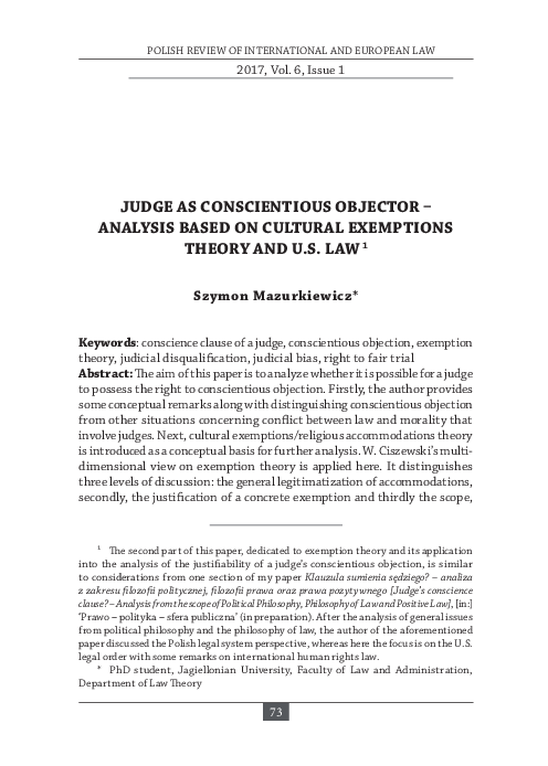 (PDF) Judge as Conscientious Objector – Analysis Based on Cultural Exemptions Theory and U.S. Law