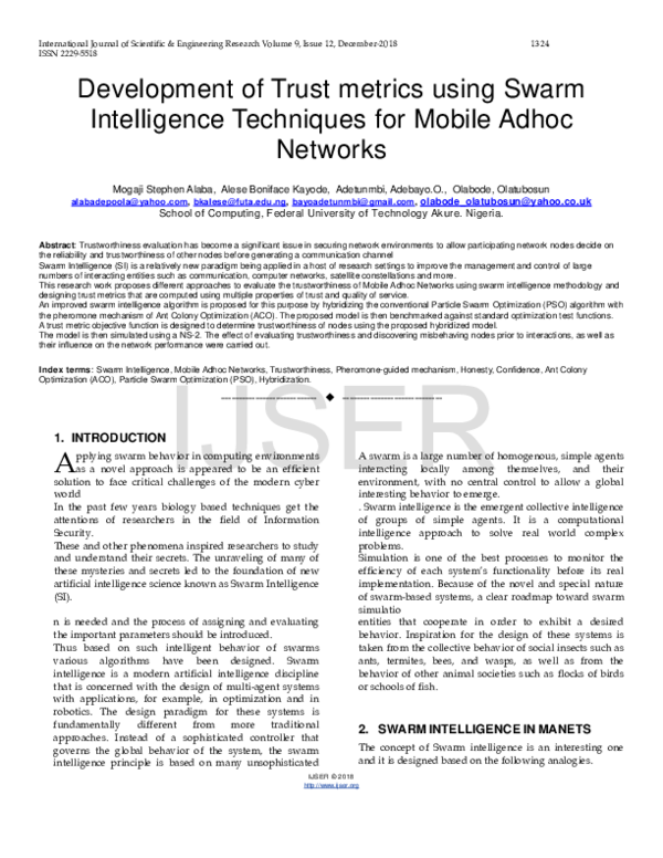 (PDF) Development of Trust metrics using Swarm Intelligence Techniques for Mobile Adhoc Networks