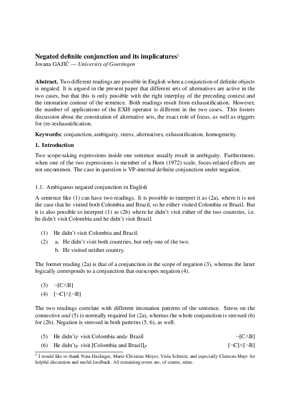 (PDF) Negated definite conjunction and its implicatures