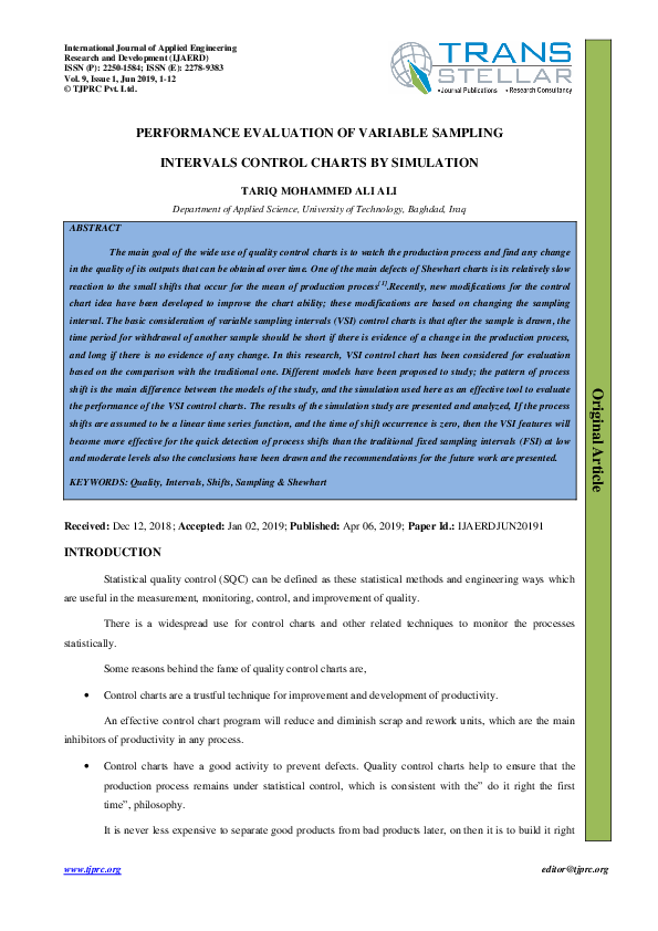 Pdf Performance Evaluation Of Variable Sampling Intervals Control Charts By Simulation Tjprc