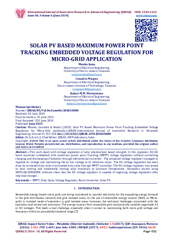 Pdf Solar Pv Based Maximum Power Point Tracking Embedded Voltage Regulation For Micro Grid 
