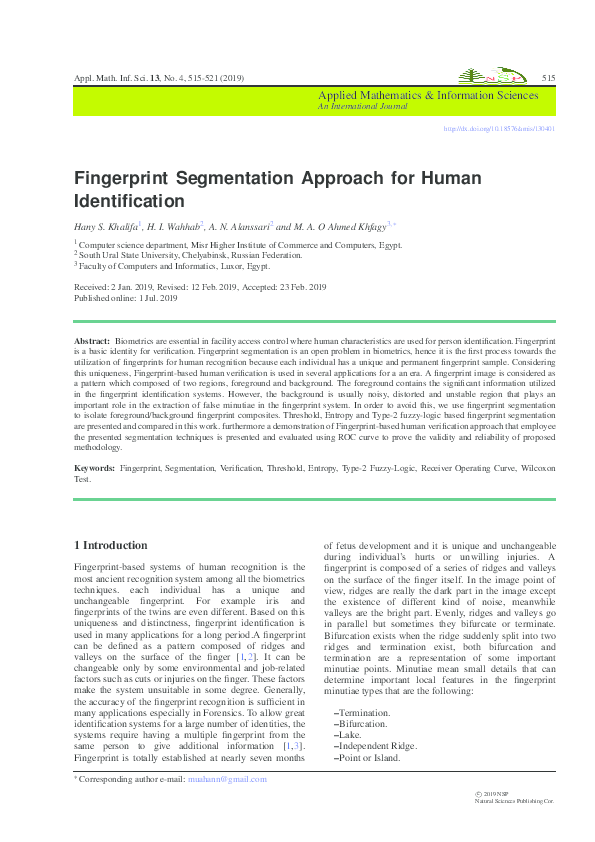 Pdf Fingerprint Segmentation Approach For Human Identification