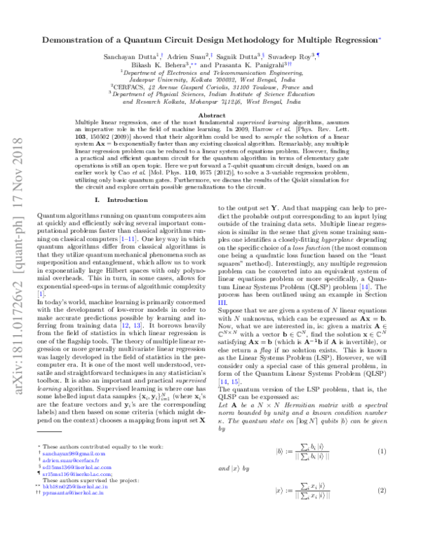 (PDF) Demonstration of a Quantum Circuit Design Methodology for Multiple Regression
