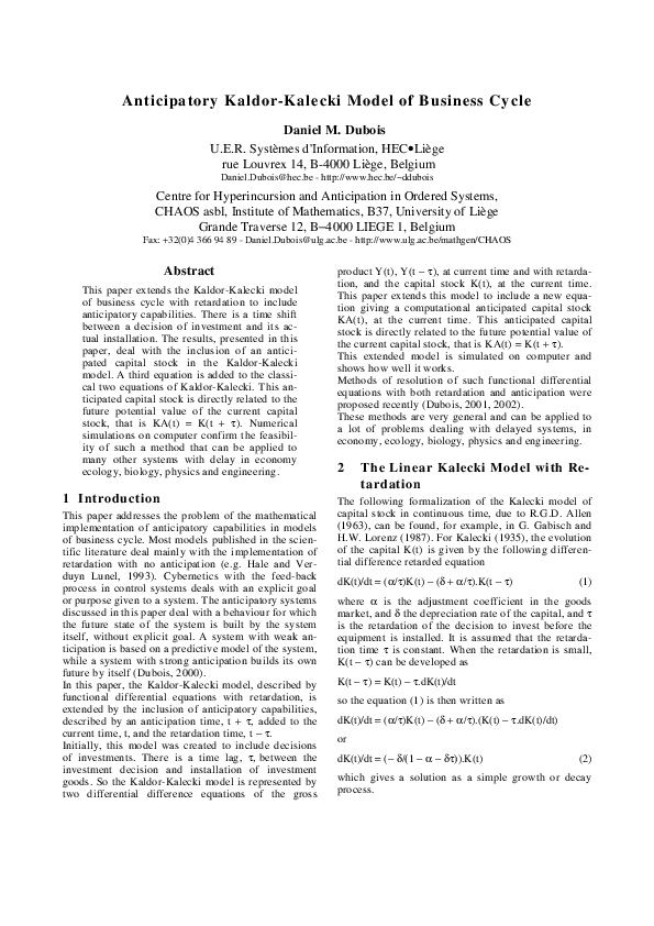 (PDF) Anticipatory Kaldor-Kalecki Model of Business Cycle