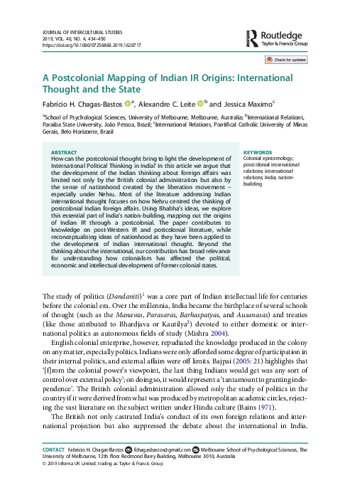 (PDF) A Postcolonial Mapping of Indian IR Origins: International ...