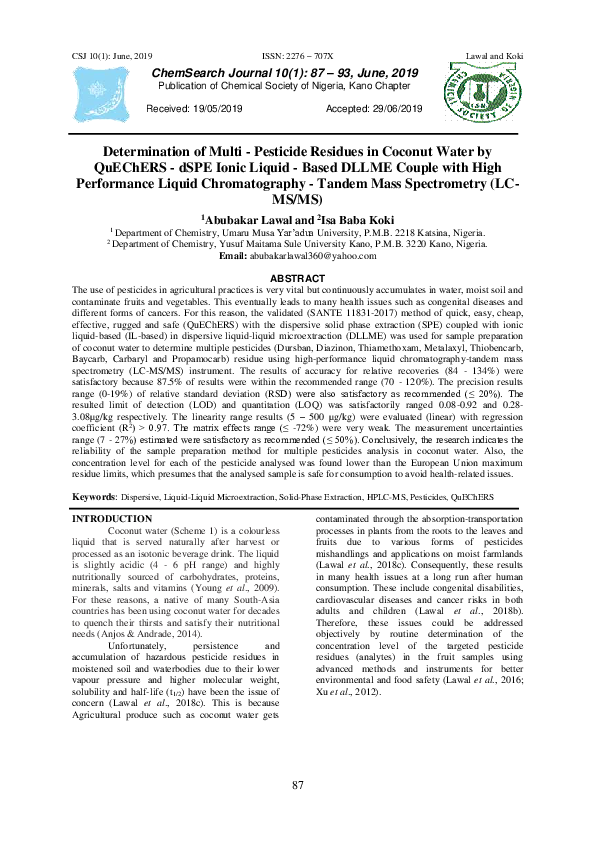 (PDF) Determination of Multi -Pesticide Residues in Coconut Water by QuEChERS -dSPE Ionic Liquid ...
