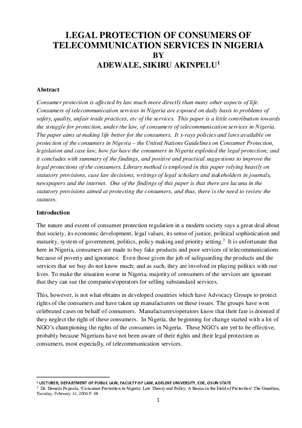 (DOC) PROTECTION OF CONSUMERS OF TELECOMMUNICATION SERVICES