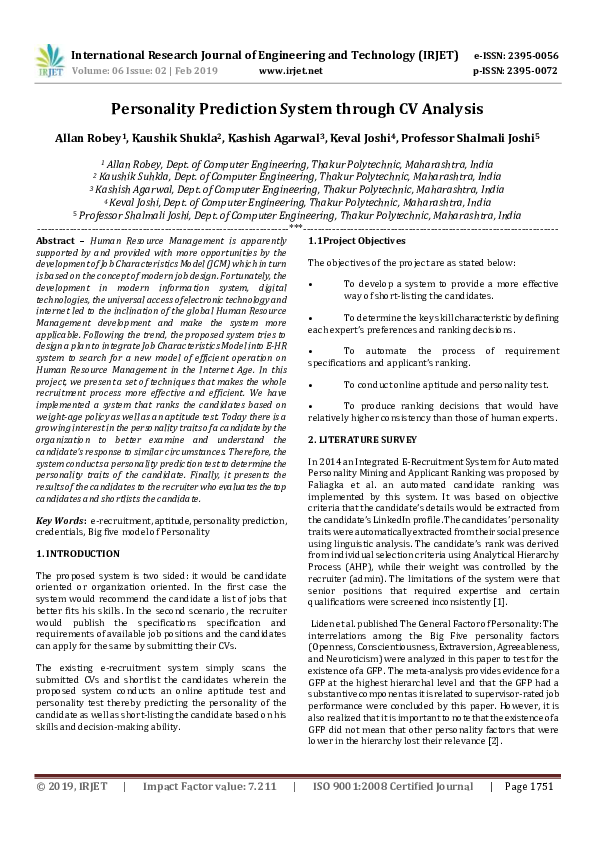 (PDF) IRJET- Personality Prediction System through CV Analysis