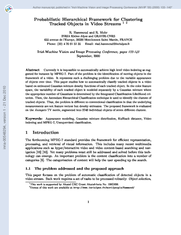 (PDF) Probabilistic hierarchical framework for clustering of tracked objects in video streams