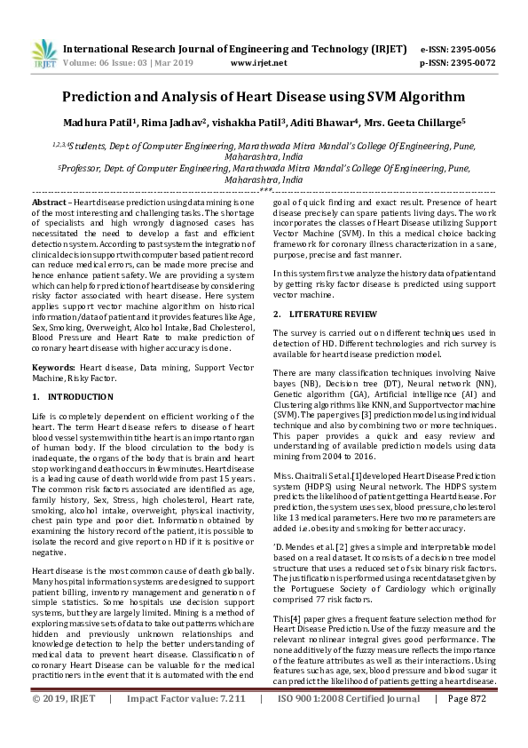 (PDF) IRJET- Prediction and Analysis of Heart Disease using SVM Algorithm