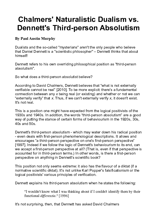 (DOC) Chalmers' Naturalistic Dualism vs. Dennett's Third-person Absolutism