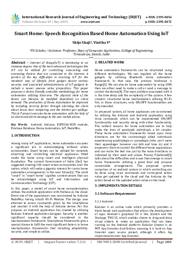 (PDF) IRJET- Smart Home: Speech Recognition Based Home Automation Using IoT