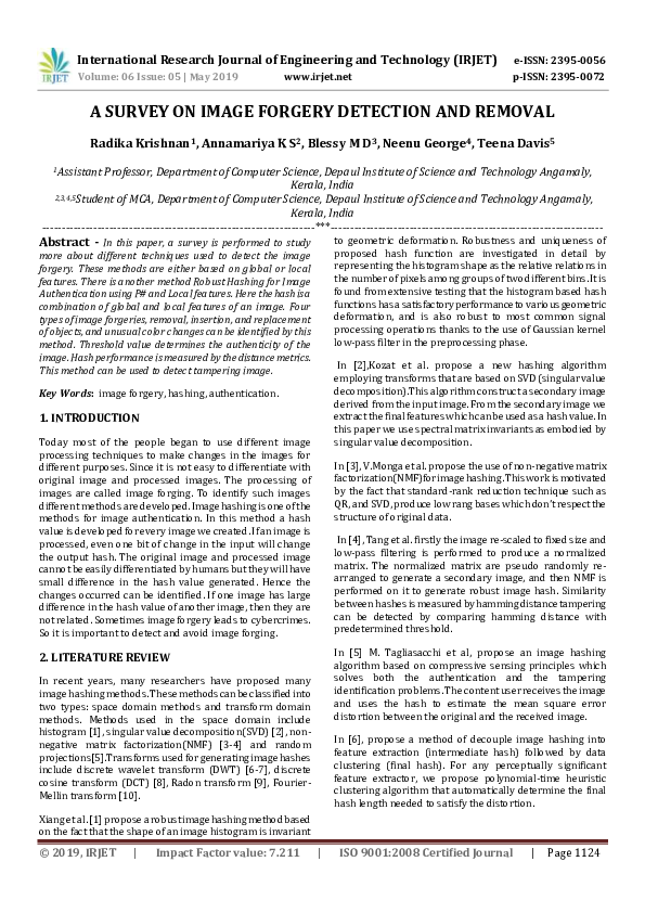 (PDF) IRJET- A SURVEY ON IMAGE FORGERY DETECTION AND REMOVAL