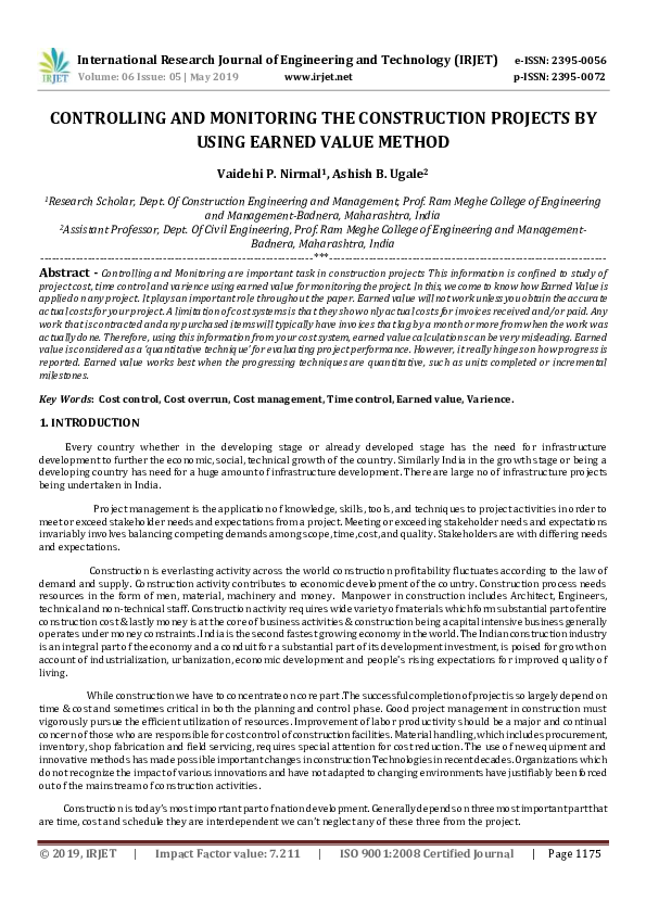 Pdf Irjet Controlling And Monitoring The Construction Projects By Using Earned Value Method