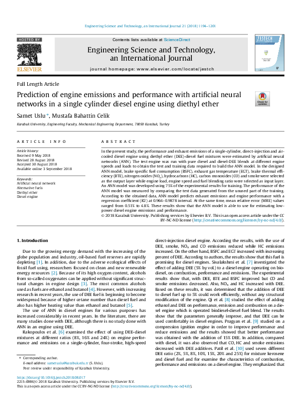 (PDF) Prediction of engine emissions and performance with artificial ...